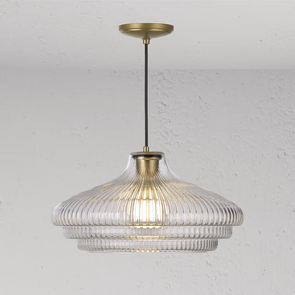 Brookfield Stor Pendel Med Rillet Glass Antikk Messing